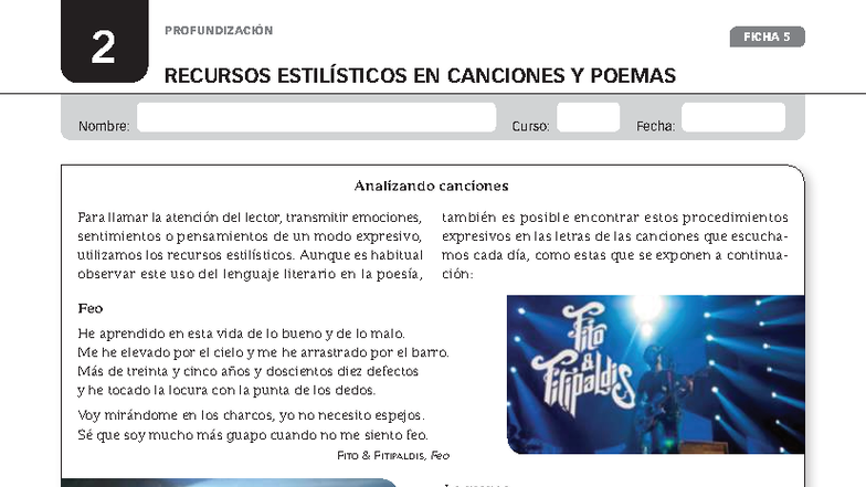 1º ESO - Ficha 5: Recursos Estilísticos en Canciones y Poemas - Studocu
