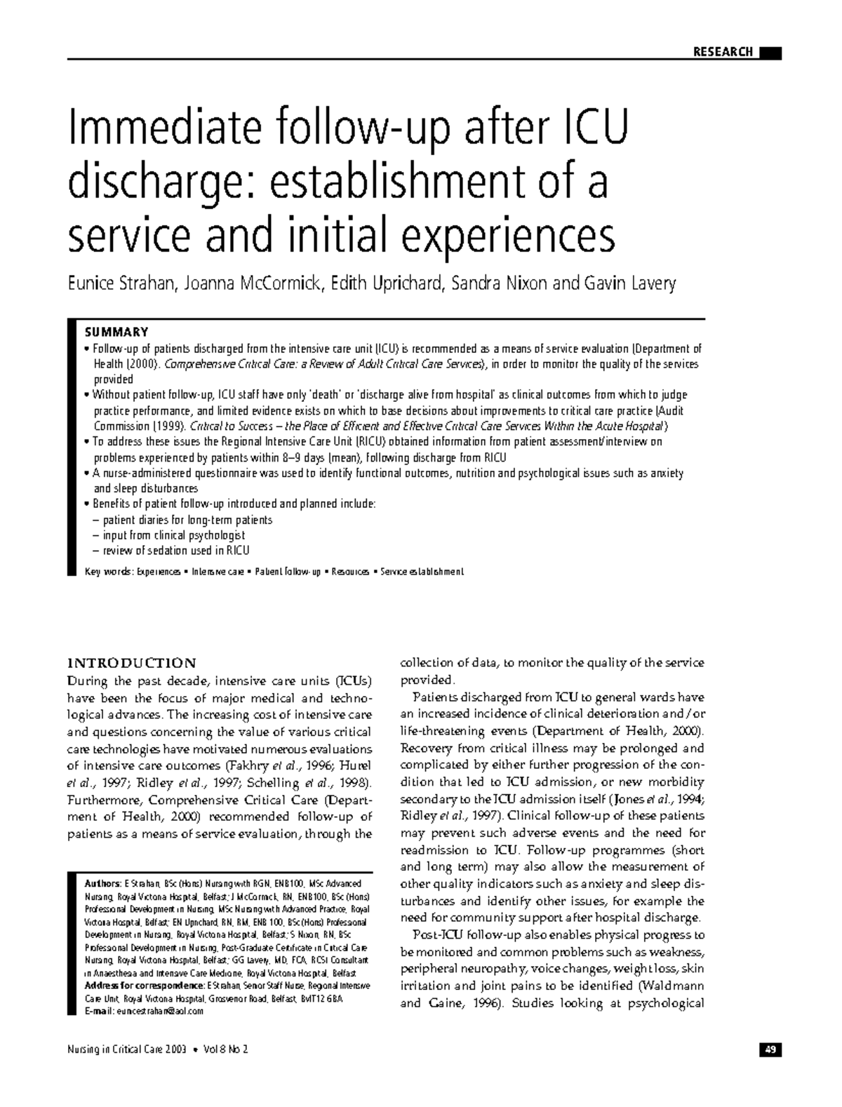 Immediate follow up after ICU discharge - RESEARCH Immediate follow-up ...