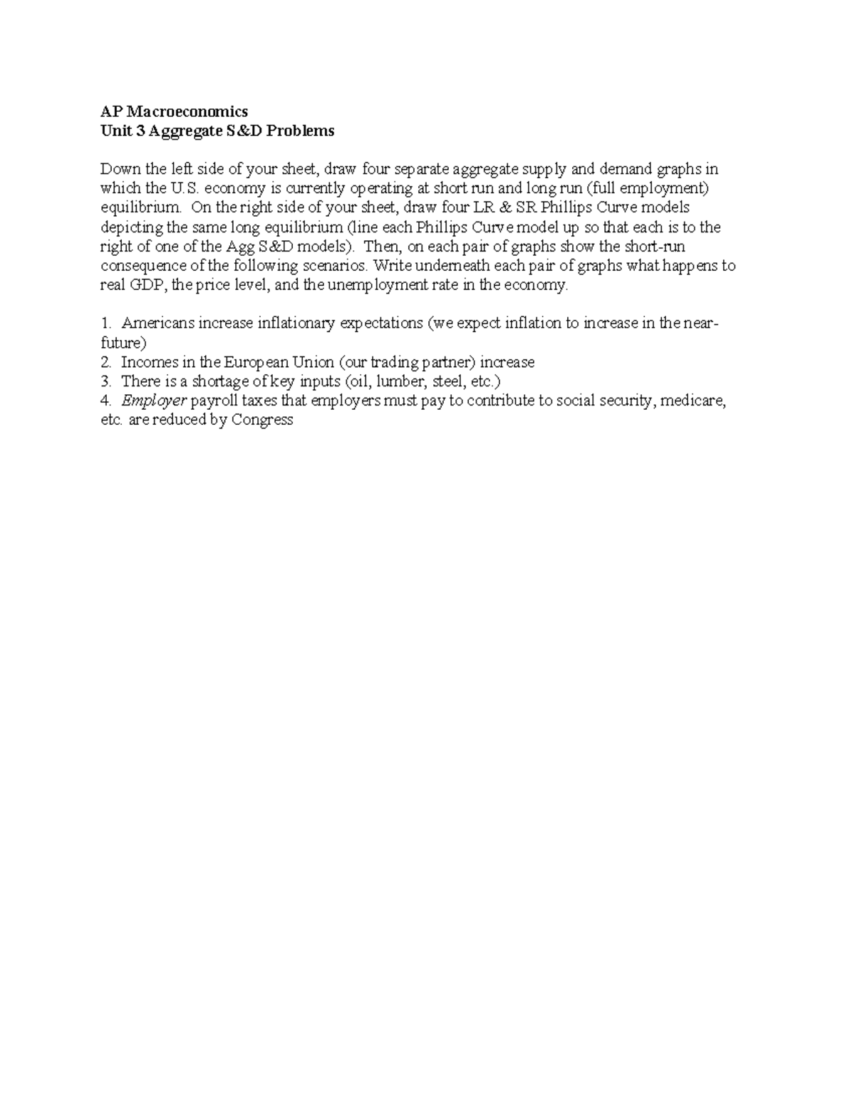 AP Macroeconomics Unit 3 Aggregate Supply & Demand Problems - Studocu