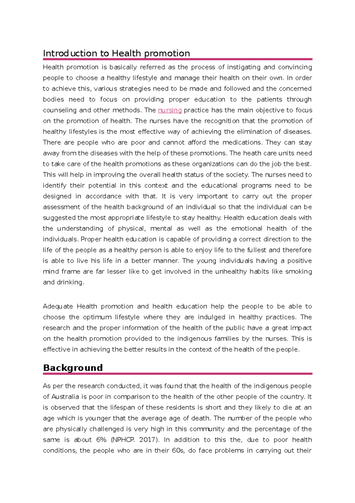 Introduction to Health promotion - In order to achieve this, various ...