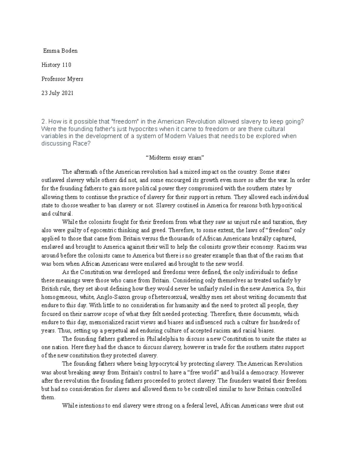 Midterm essay hy110 - Emma Boden History 110 Professor Myers 23 July ...