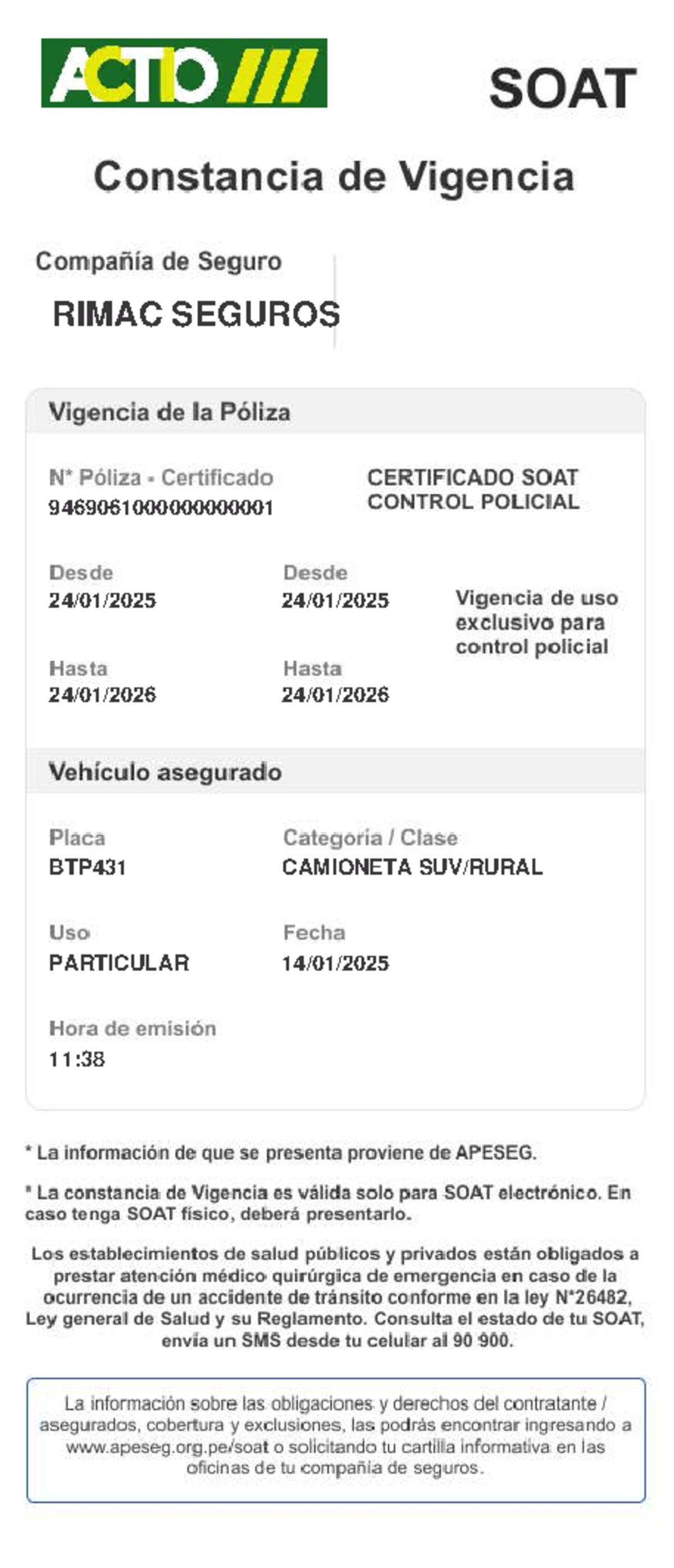 Certificado SOAT BTP431 - ACTIO SOAT Constancia de Vigencia Compañía de Seguro RIMAC SEGUROS ...