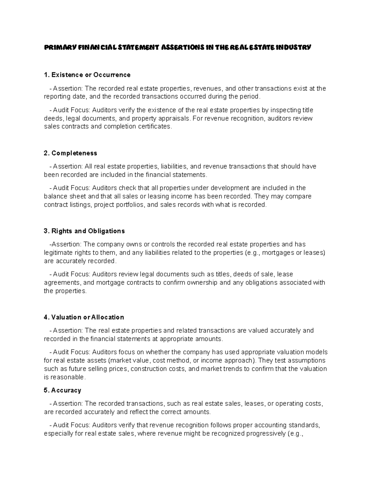 PRIMARY FINANCIAL STATEMENT ASSERTIONS IN REAL ESTATE: EXAM NOTES - Studocu