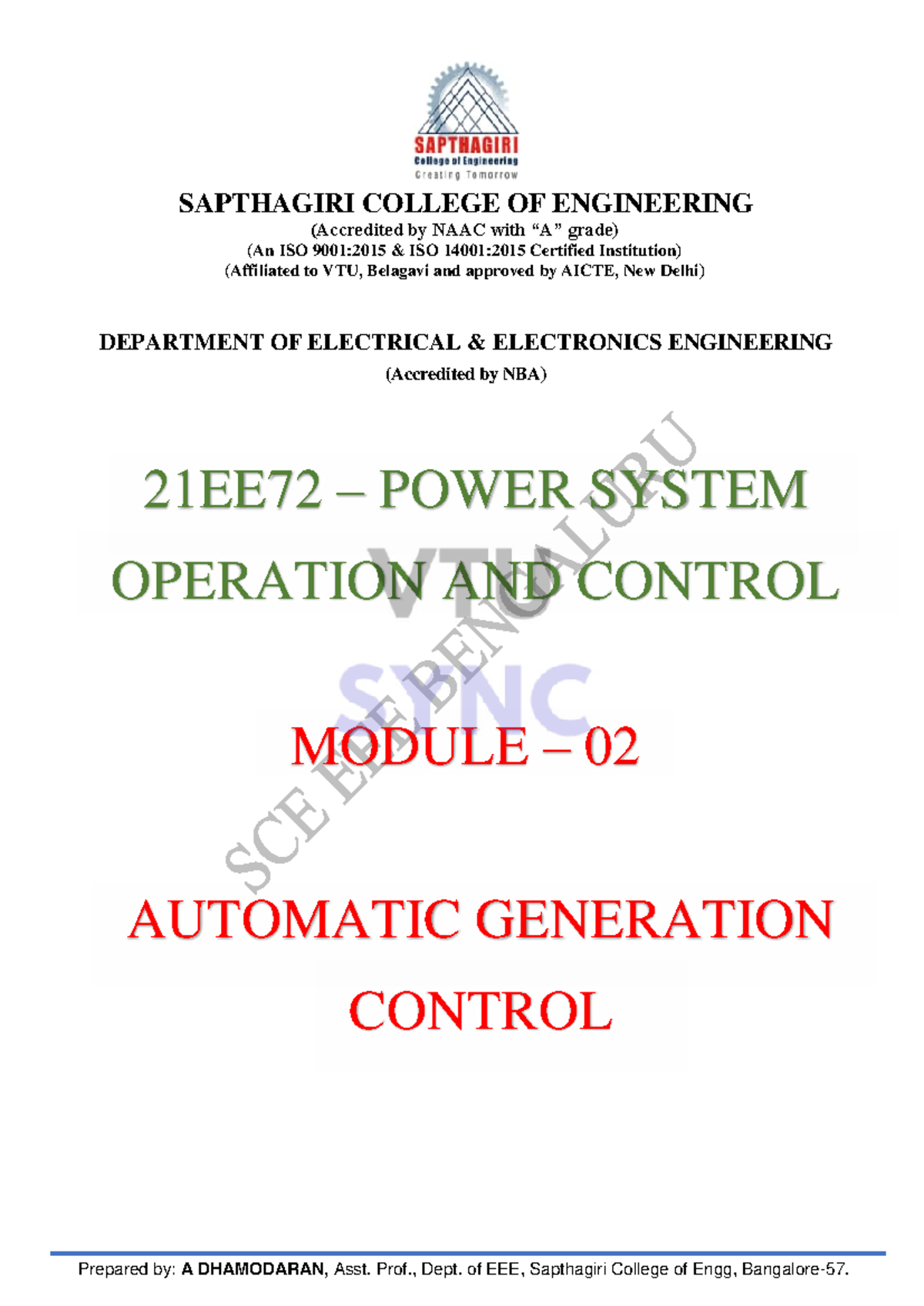 PSOC 21EE72 - Module 02: Automatic Generation Control Overview - Studocu