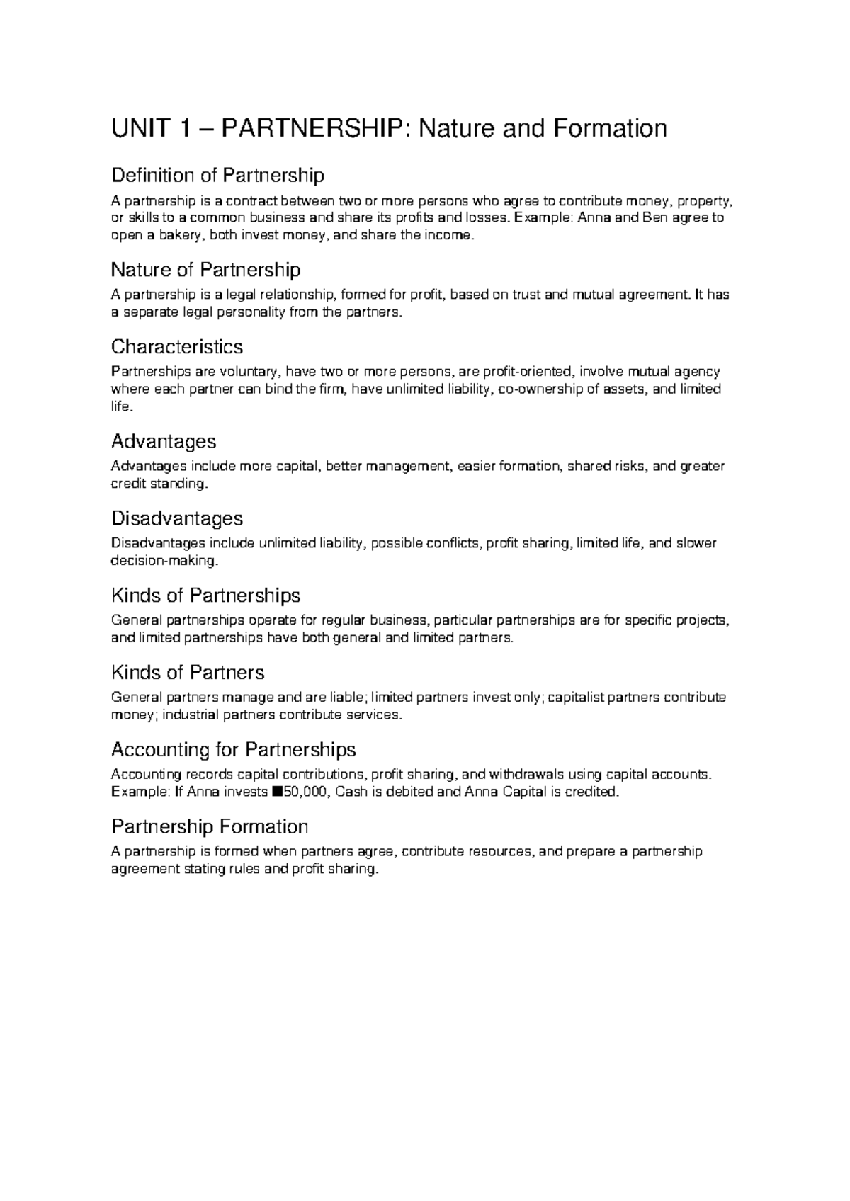 Partnership Unit 1: Nature, Formation, and Key Characteristics - Studocu