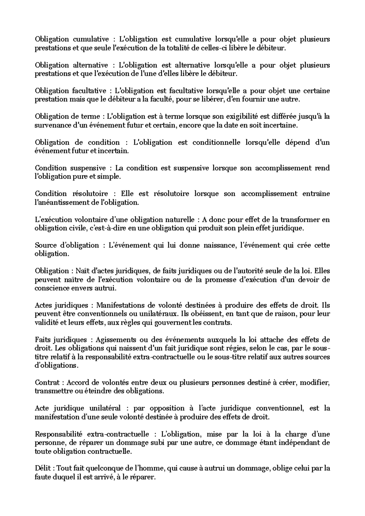 Droit Civil des Obligations : Définitions et Concepts Clés - Studocu