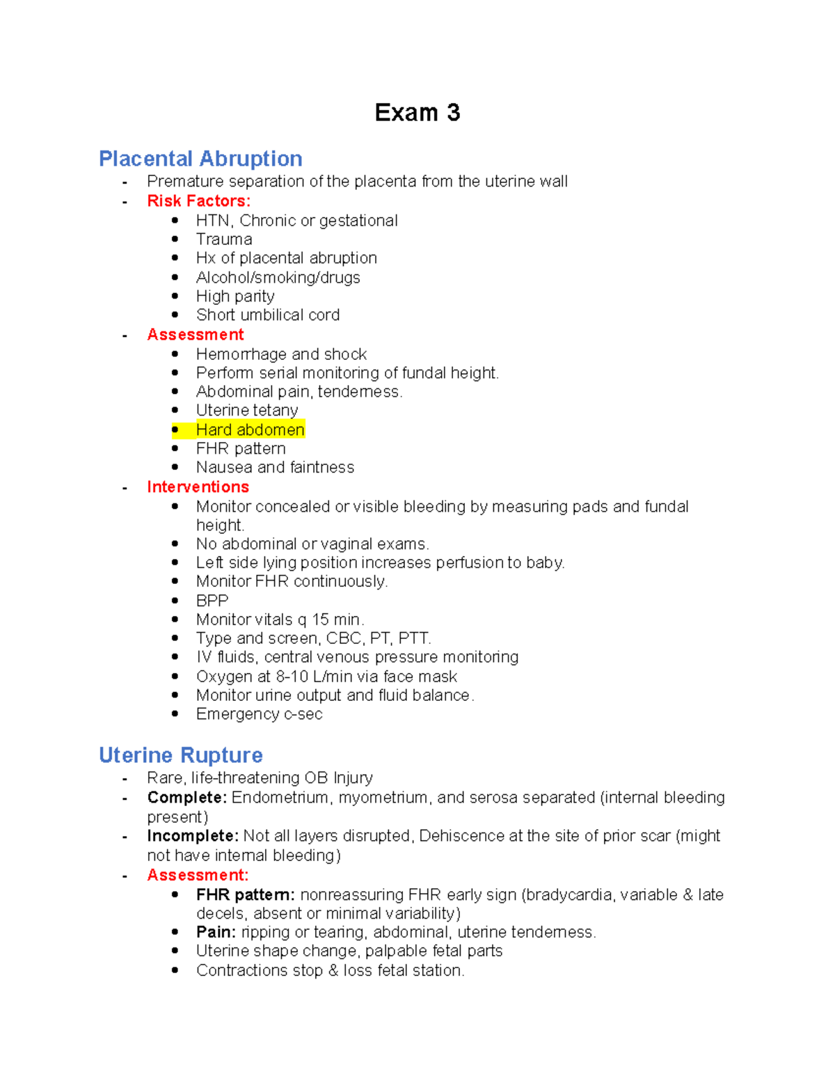 High Risk Obstetrics Exam 3 Notes: Placental Issues & Complications ...