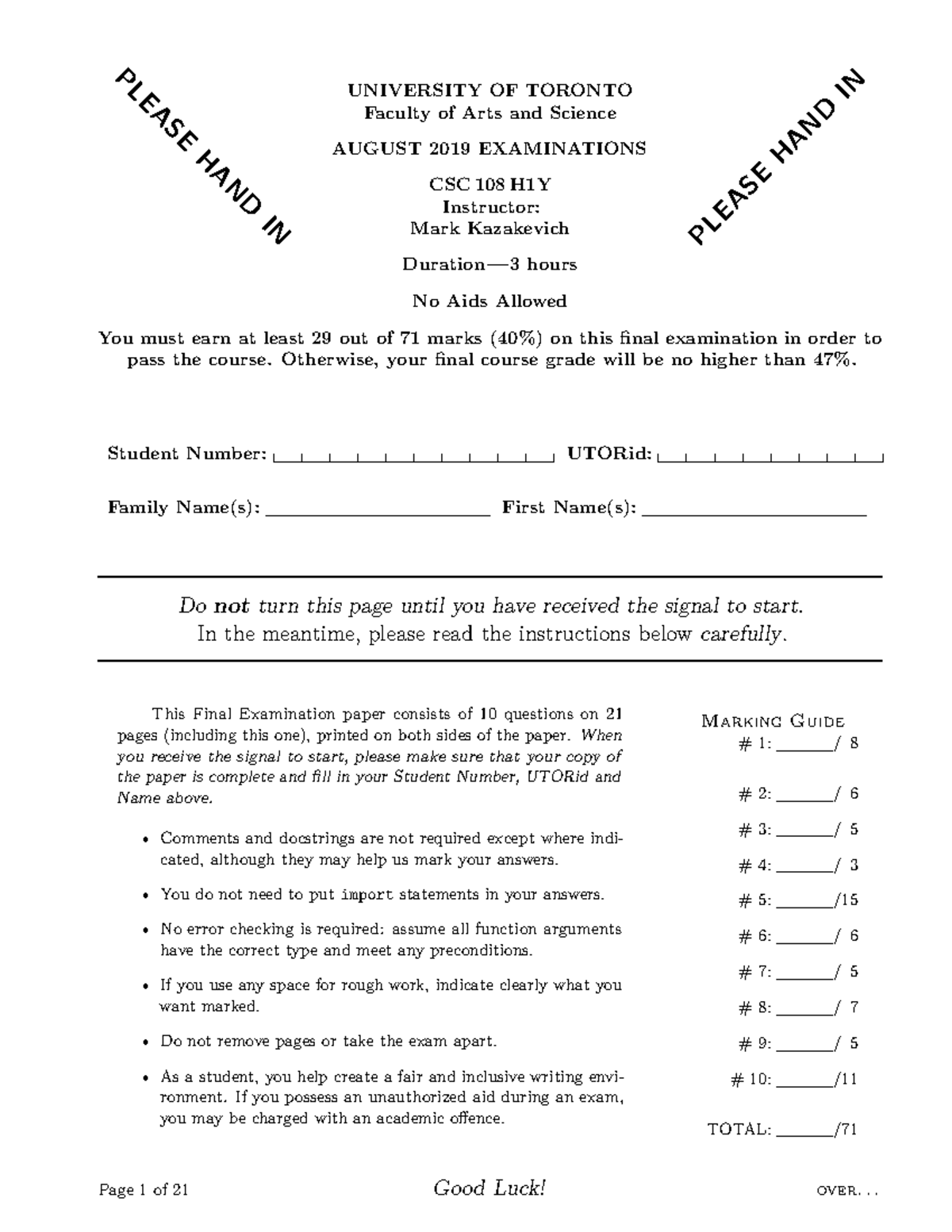 CSC 108 H1Y - Comprehensive Final Exam Guide & Sample Solutions - Studocu