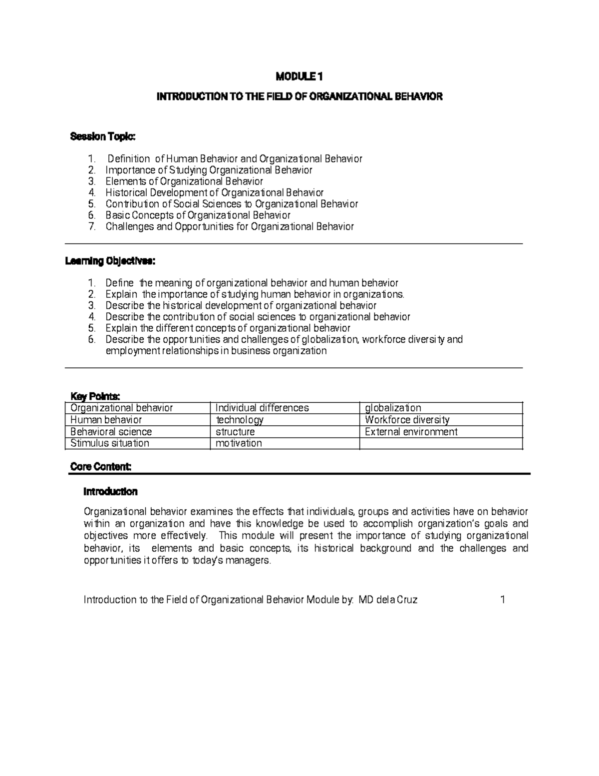 Module 1: Introduction to Organizational Behavior Concepts and ...