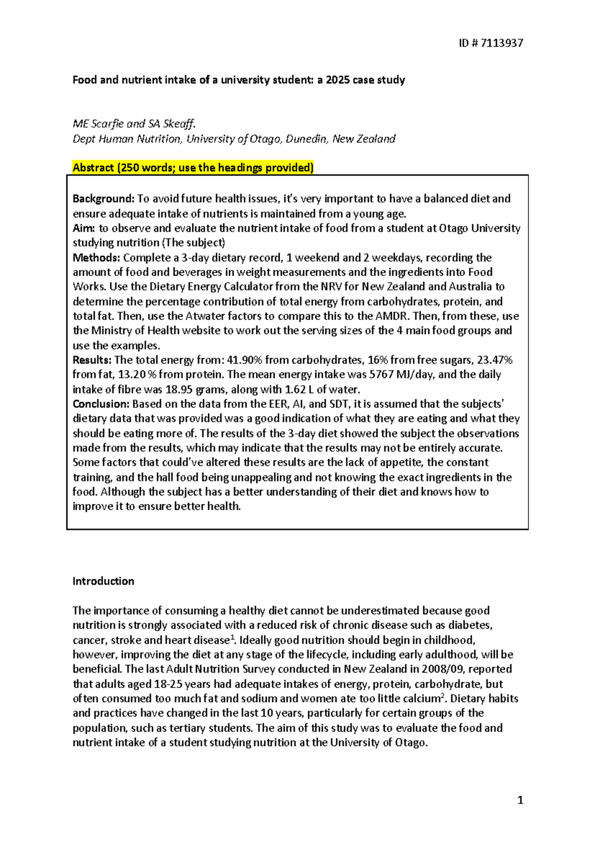 Nutrient Intake Analysis of a University Student: HUNT 141 Case Study 2025 - Studocu