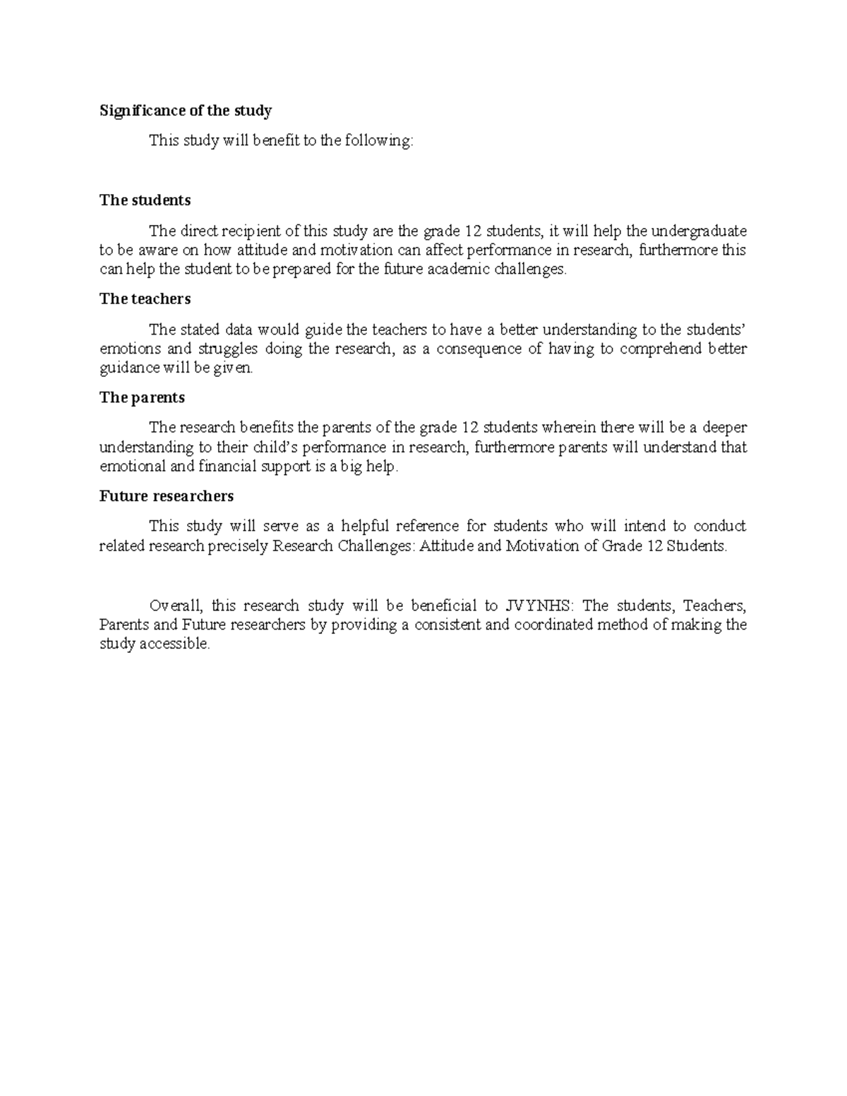 Significance of the study - The teachers The stated data would guide ...