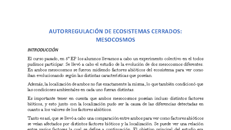 Mesocosmos en 5º EP: Estudio de Autorregulación de Ecosistemas - Studocu