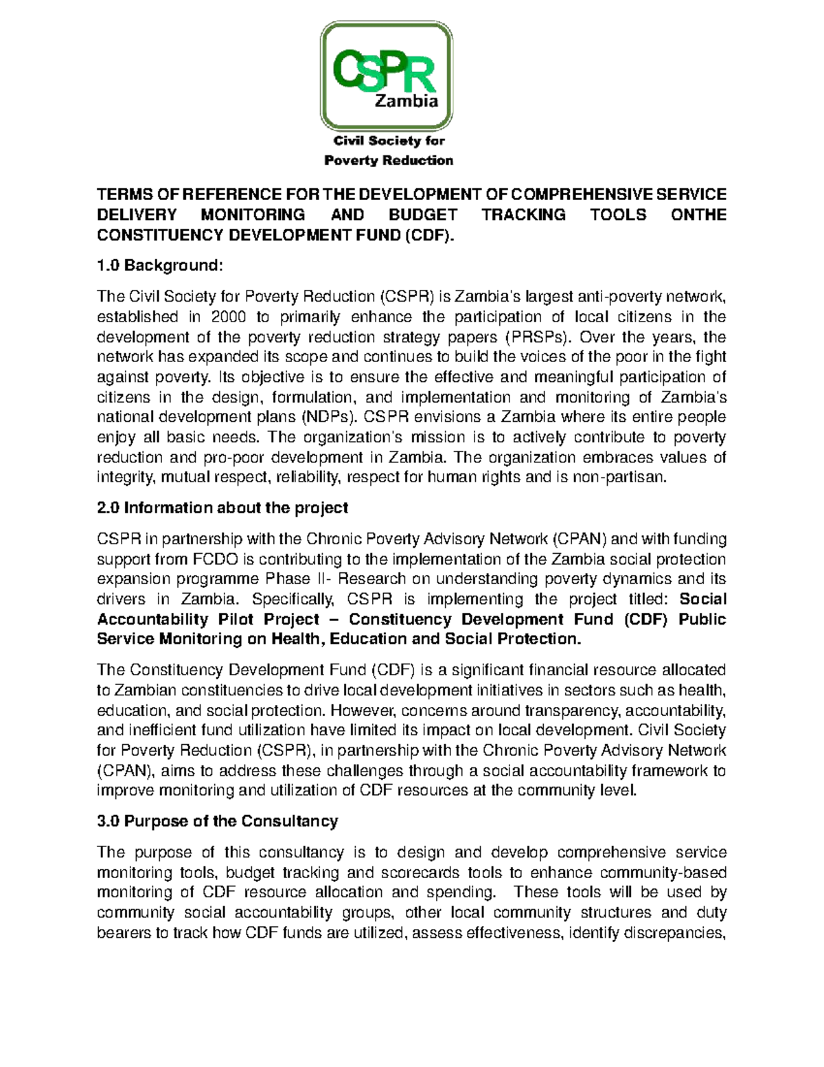 Development of CDF Monitoring & Budget Tracking Tools: Terms of ...