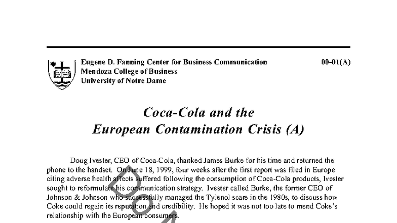 Coca-Cola Europe Contamination Crisis (A) Case Study Analysis - Studocu