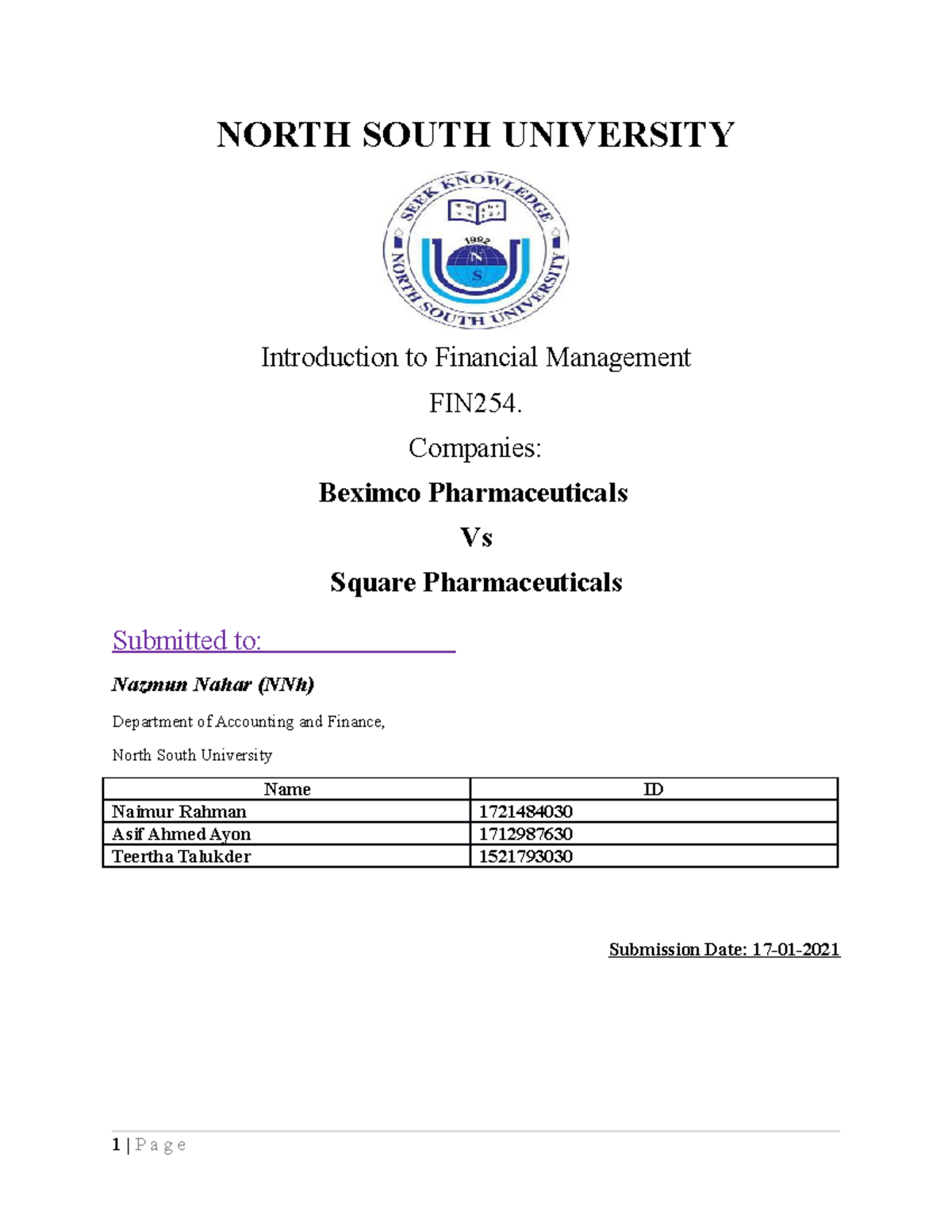 FIN254 Final Report: Ratio Analysis of Beximco vs Square Pharma - Studocu