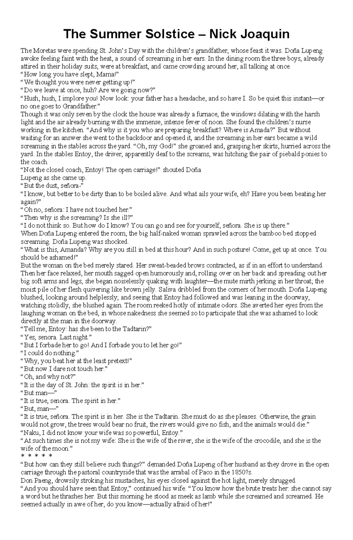 The Summer Solstice (ENG 101) - A Study of Nick Joaquin's Narrative ...