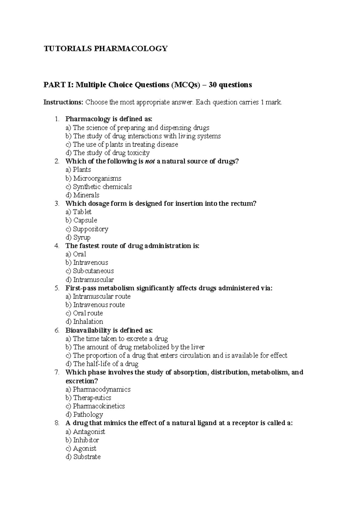 PHARMACOLOGY TUTORIALS PART I: MCQs & Structured Questions - Studocu
