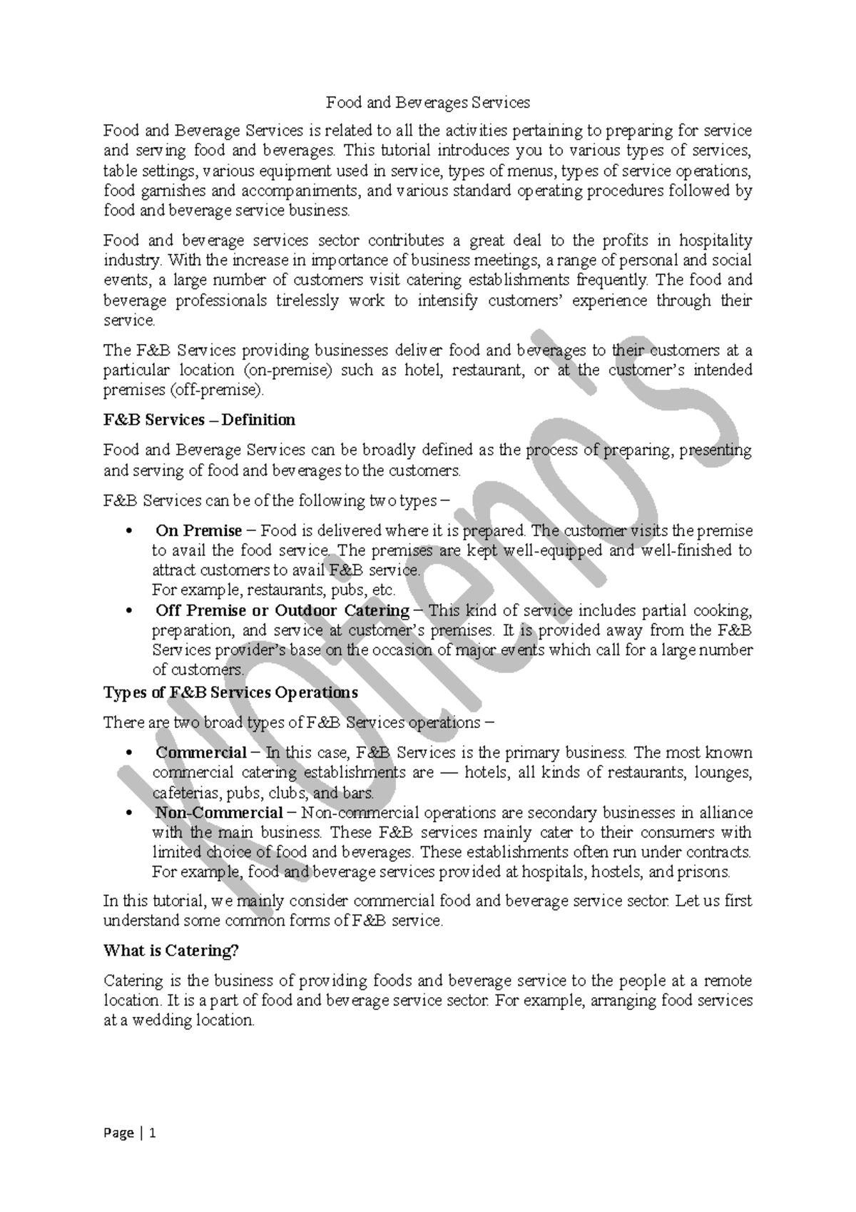 F&B Services Overview & Notes (Course Code: F&B101) - Studocu