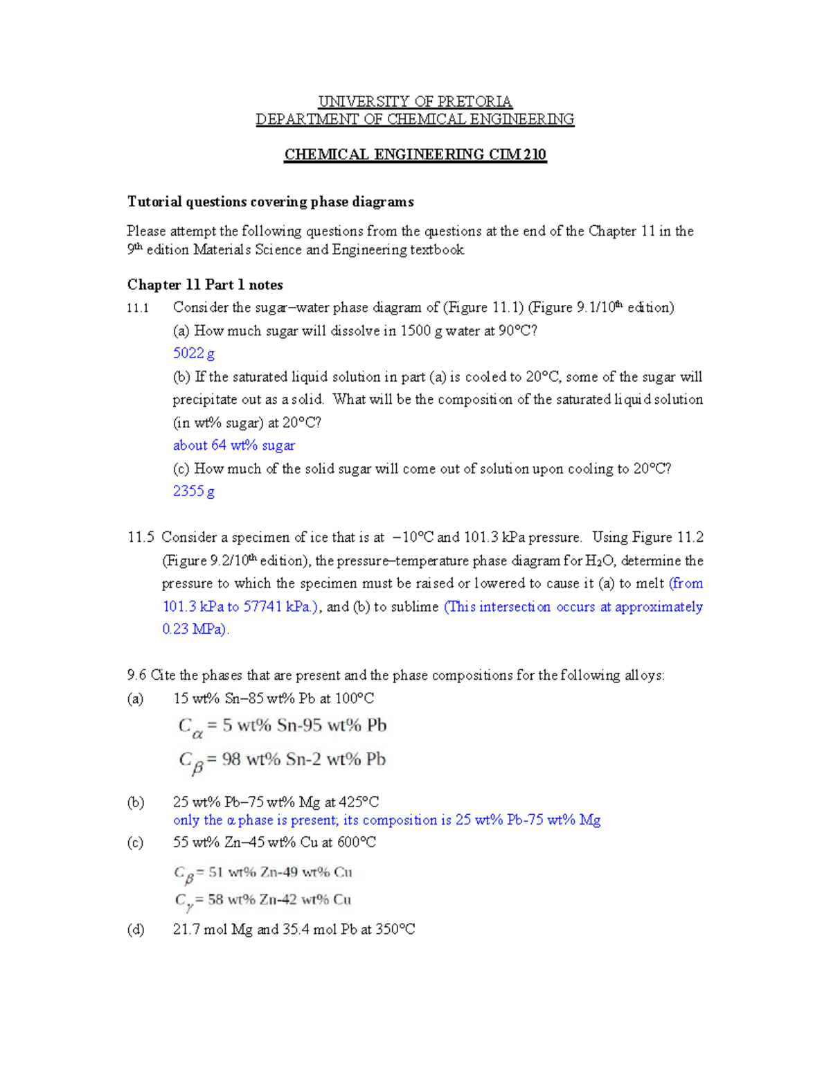 Tut 6 Phase Diagrams student memo - UNIVERSITY OF PRETORIA DEPARTMENT OF CHEMICAL ENGINEERING ...