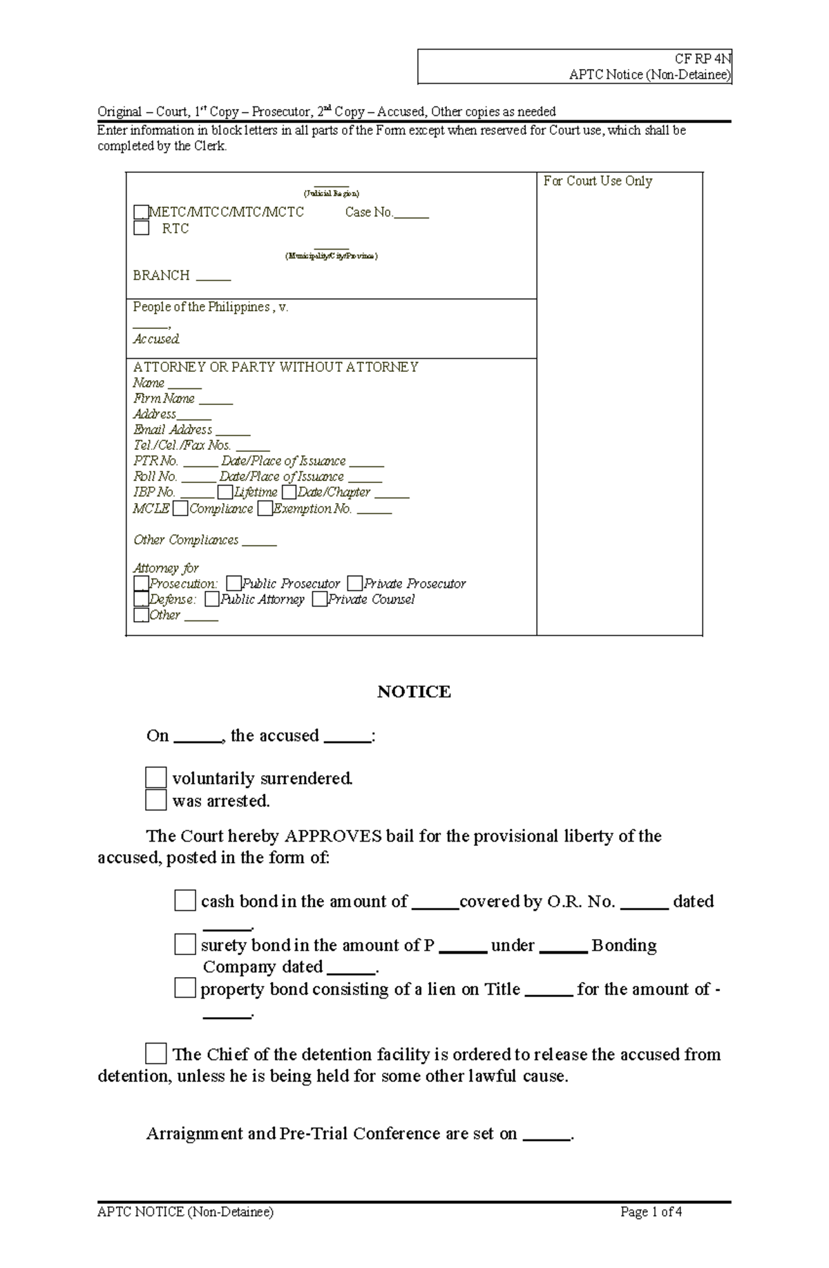 CF RP 4N APTC Notice: Court Procedures for Arraignment and Bail - Studocu