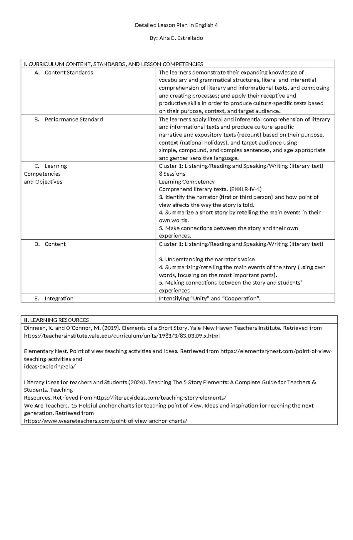 Detailed Lesson Plan in English 4: Understanding Point of View and Summarization - Studocu