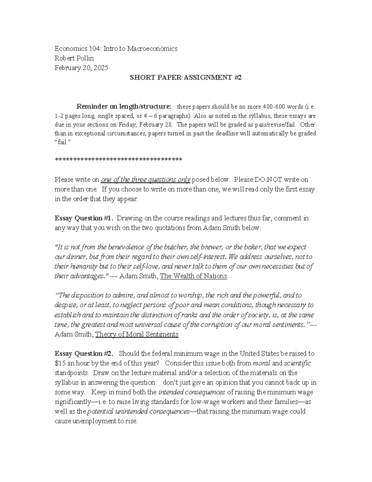 Econ 104: Short Paper Assignment on Adam Smith & Minimum Wage - Studocu