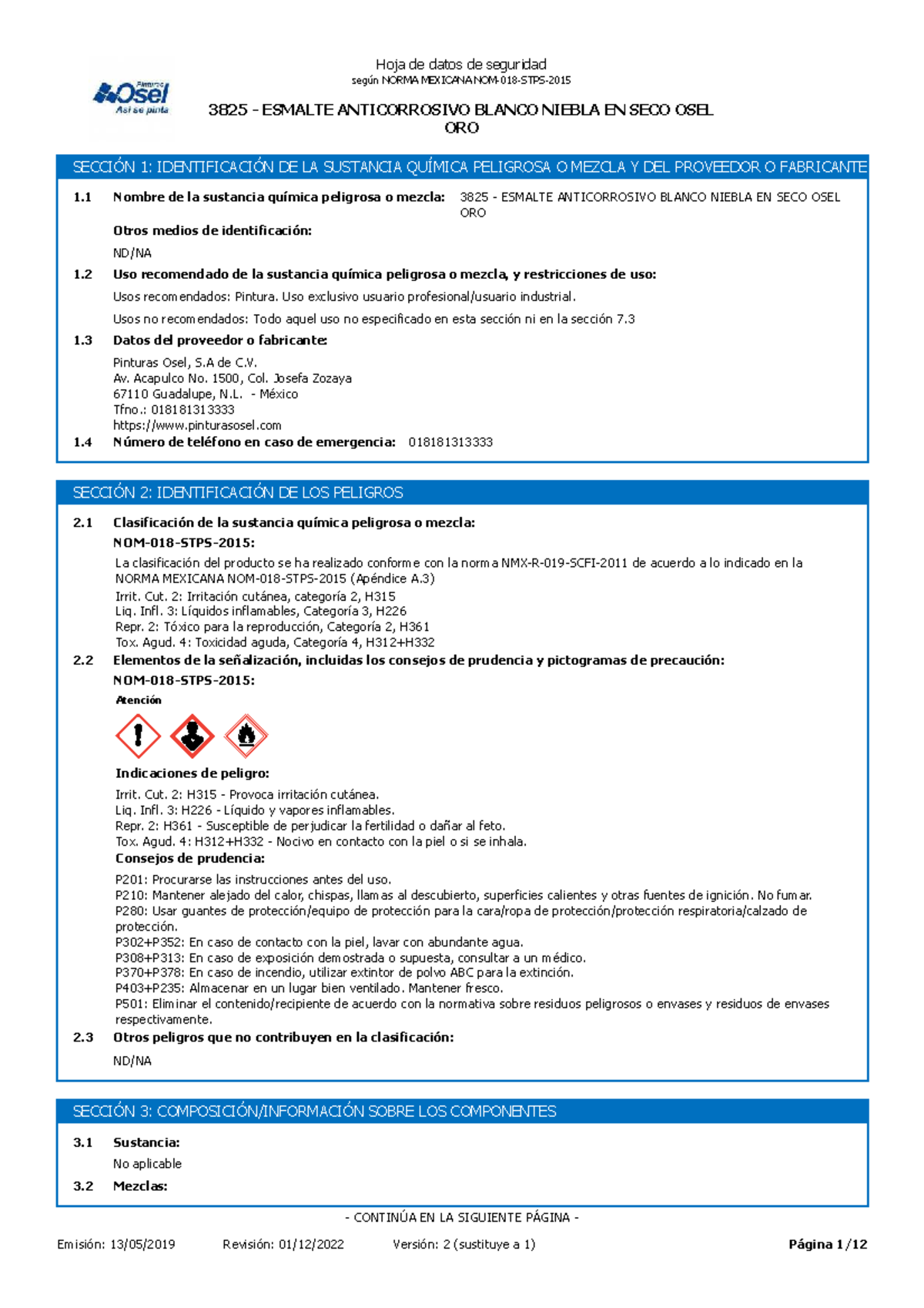 Hoja de Seguridad: NORMA MEXICANA 3825 - Esmalte Anticorrosivo OSEL ORO ...