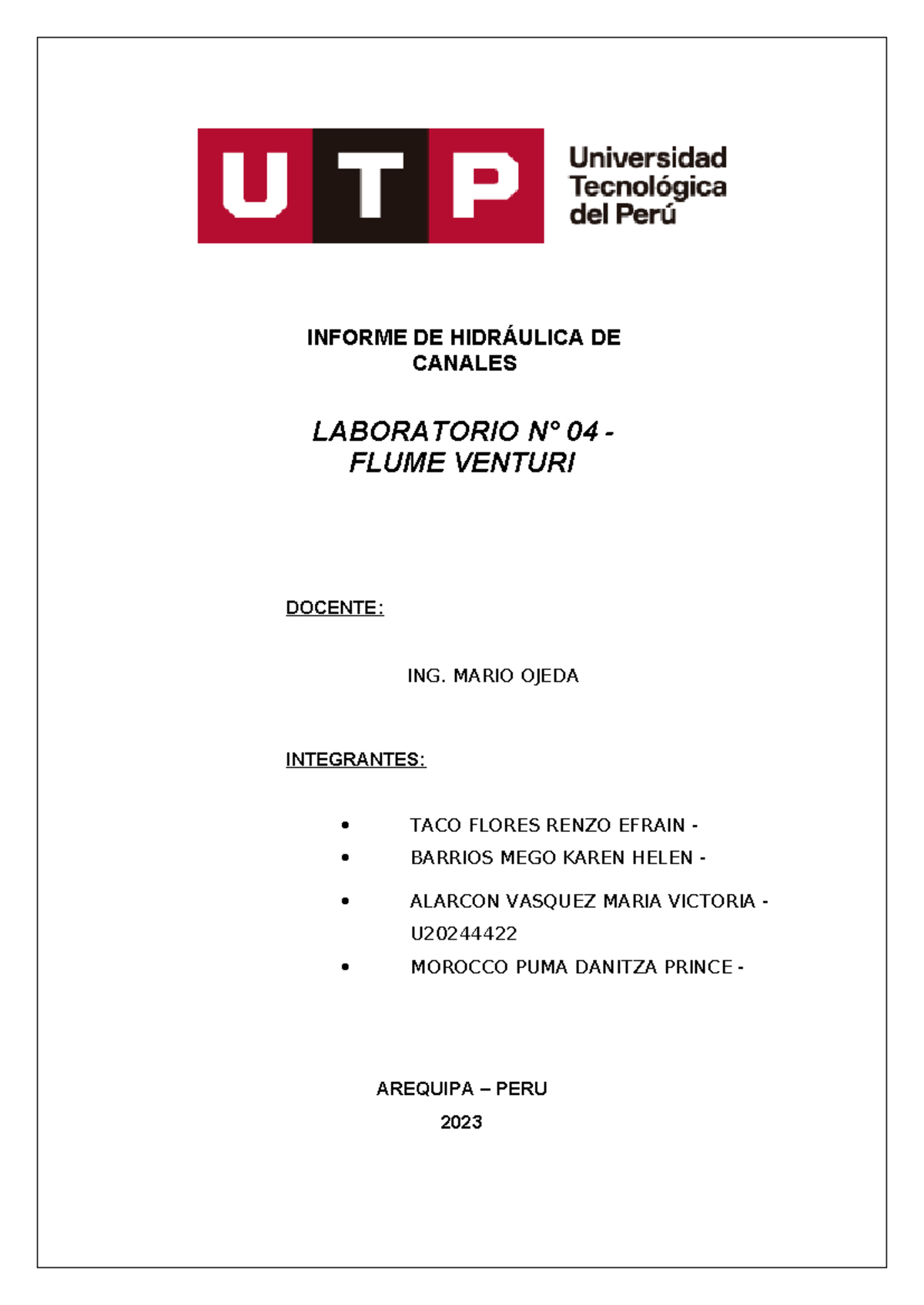 Informe de Laboratorio 04: Estudio del Tubo Venturi en Hidráulica - Studocu