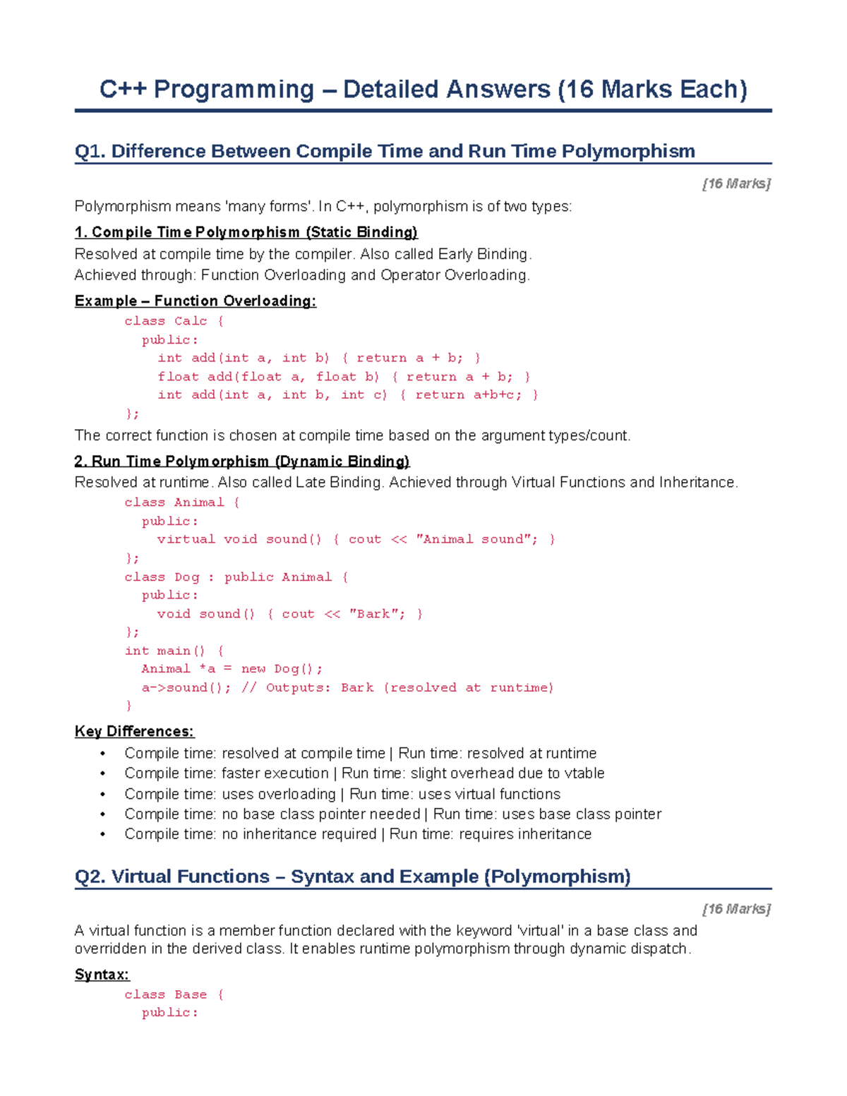CPP Answers 16 Marks - Polymorphism, Templates, and Functions - Studocu