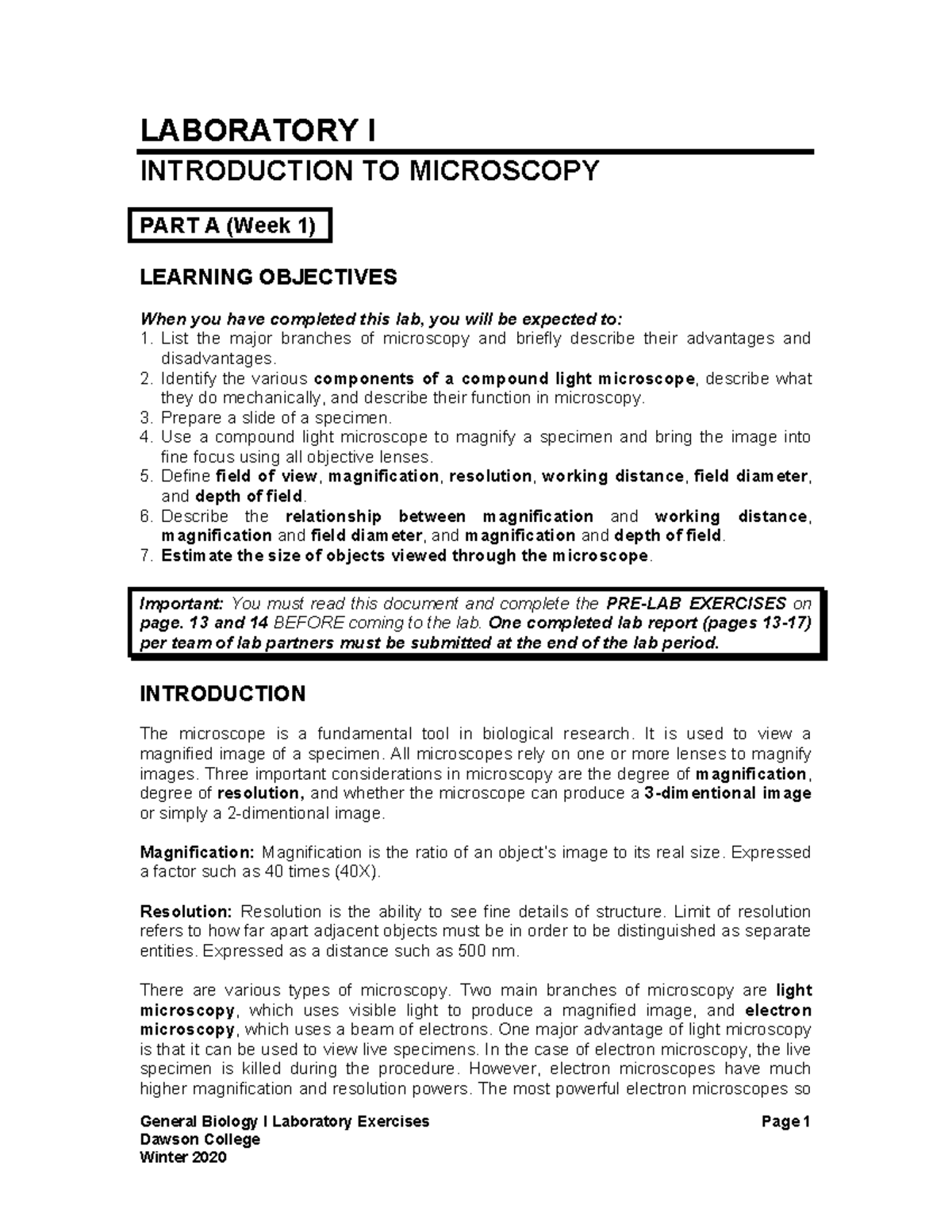 LAB 1 - Introduction to Microscopy and Light Microscope Use - Studocu