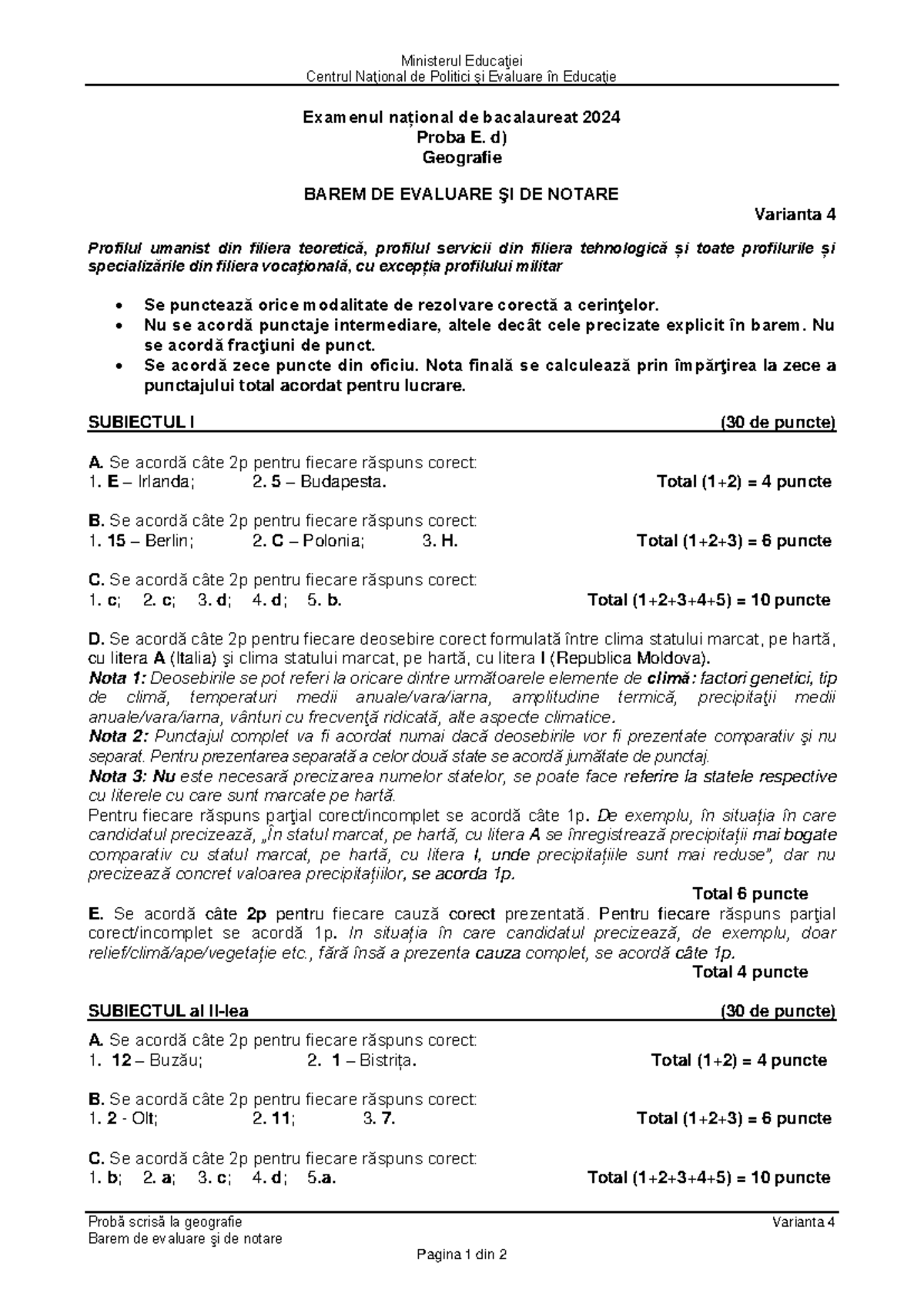 Evaluare și Notare Examen Bacalaureat 2024 Proba E d Geografie Varianta ...