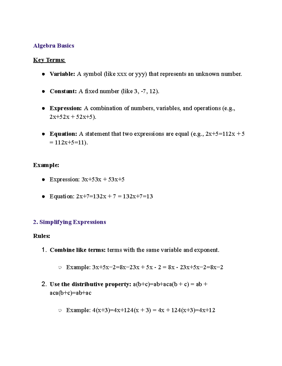 Grade 9 Algebra Basics: Key Terms & Concepts Handout - Studocu