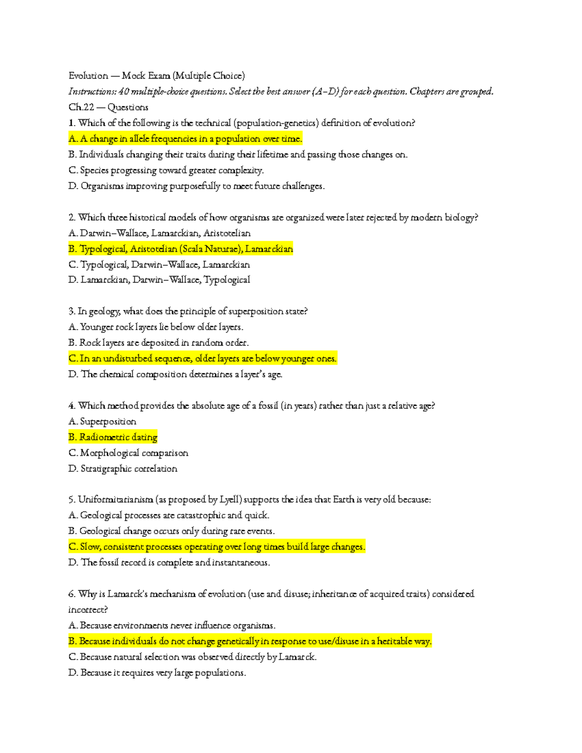 Evolutionary Biology Mock Exam (Bio 101) - 40 MCQs with Answers - Studocu