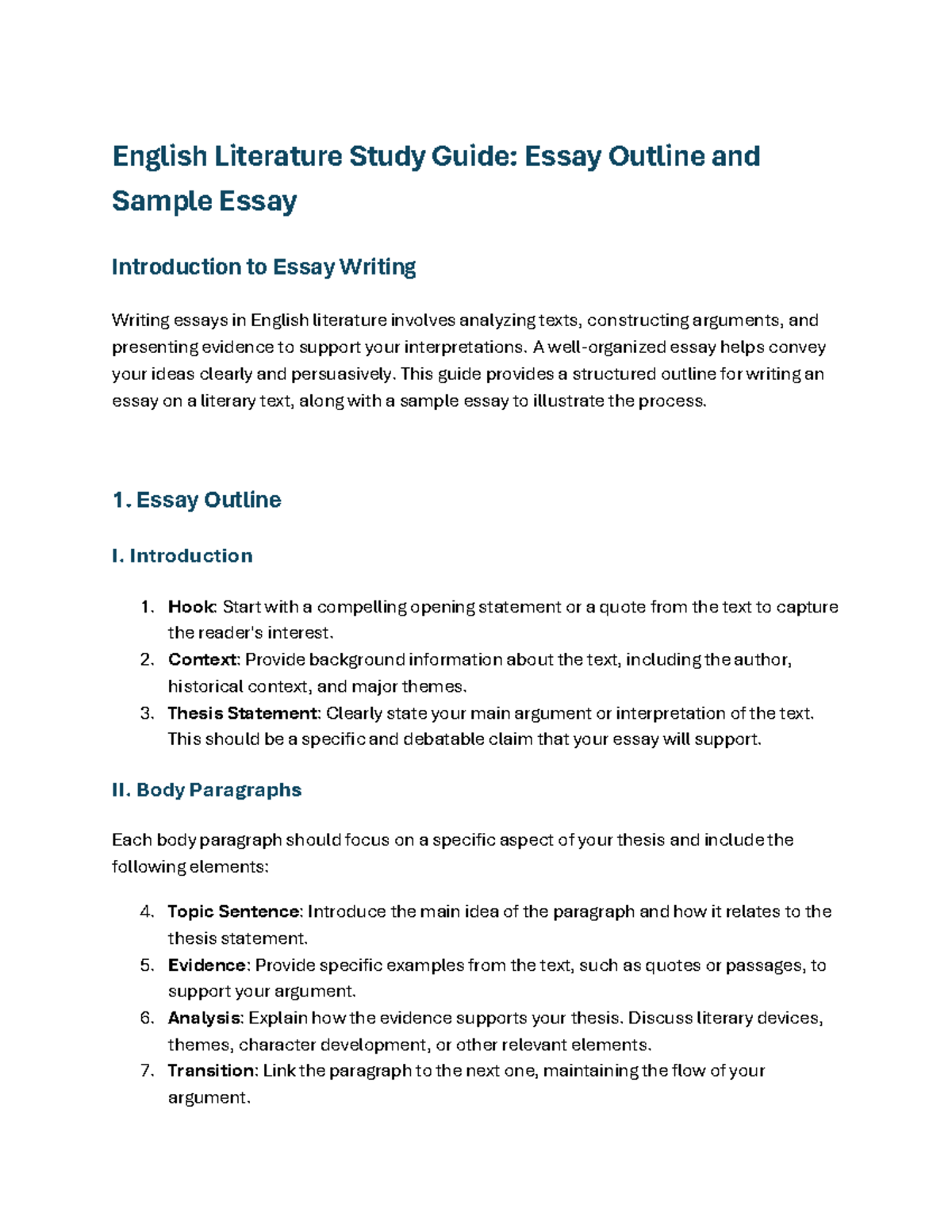 English Literature Study Guide: Essay Outline & Sample - Literature 101 ...