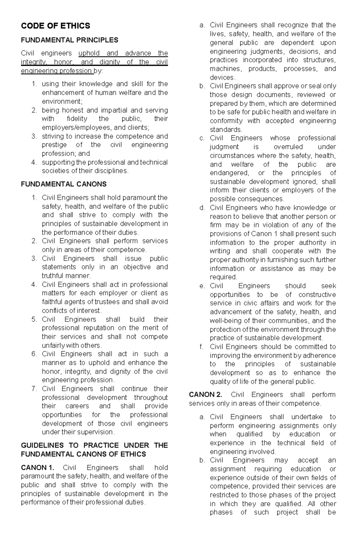 CODE OF Ethics and Fundamental Canons for Civil Engineers - Studocu