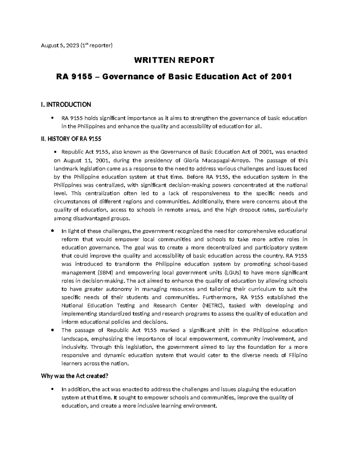 RA 9155: Governance of Basic Education Act of 2001 Overview and Impact ...