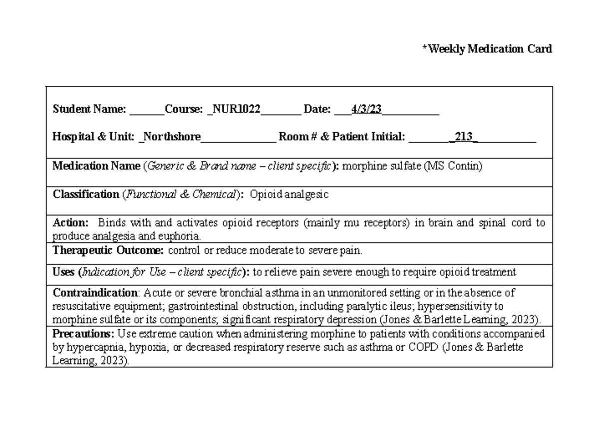 NUR1022 Medication Card: Morphine Sulfate Overview & Guidelines - Studocu