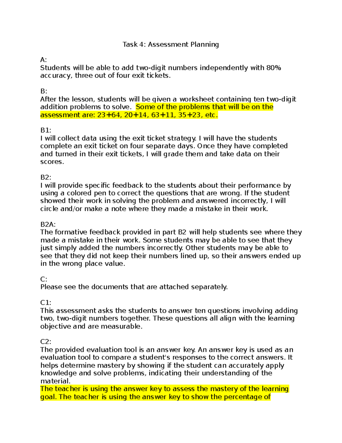 D093 Task 1 Assessing Impact on Student Learning - Task 4: Assessment ...