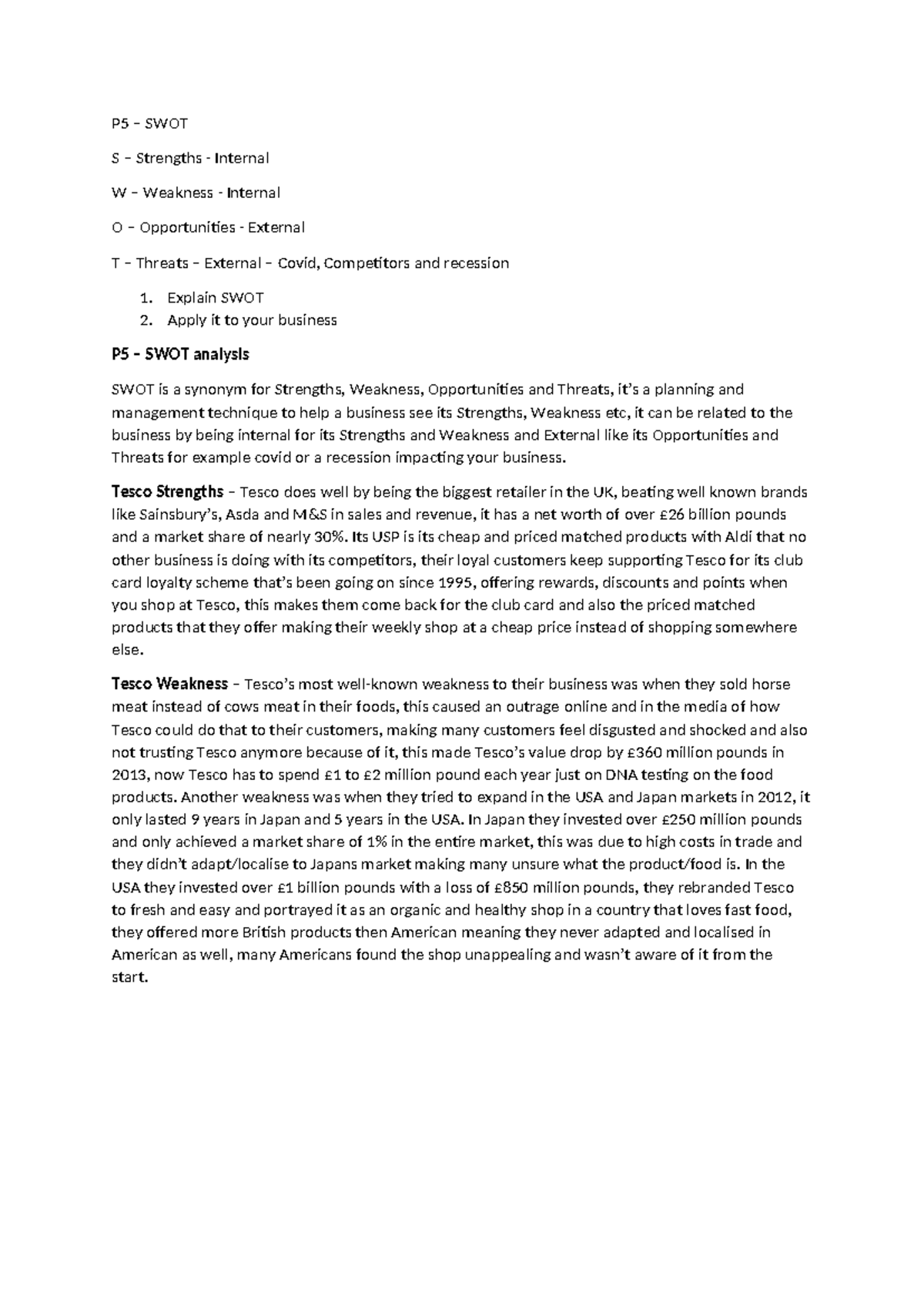 P5 SWOT Analysis of Tesco: Strengths, Weaknesses, Opportunities, and ...
