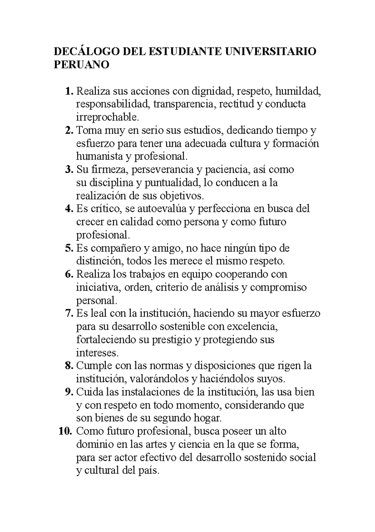 Decálogo del Estudiante Universitario en Perú: Principios y Valores ...