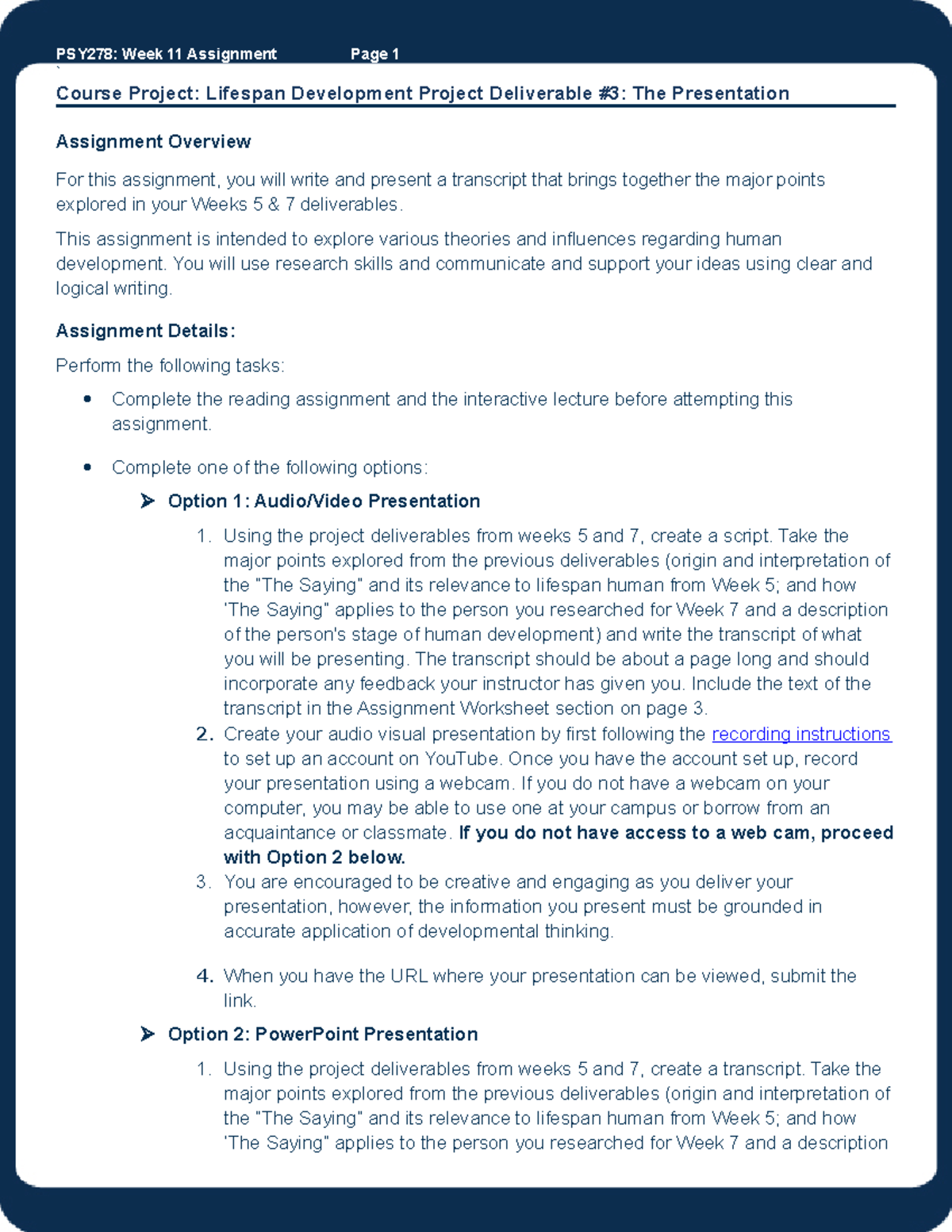 PSY278H Wk11 Project 3 - Lifespan Development Presentation Guide - Studocu