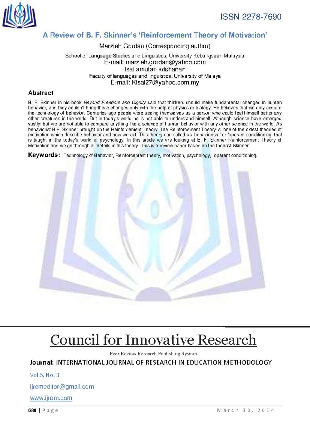 A Review of B.F. Skinner's Reinforcement Theory of Motivation (ISSN ...