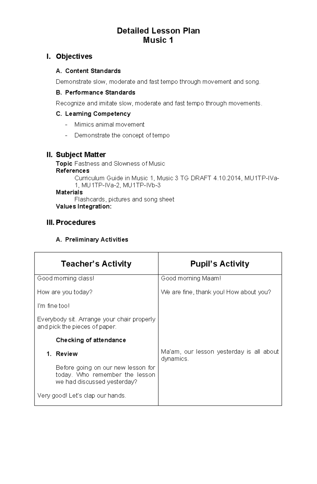 547149227 Detailed Lesson Plan for Music 1: Tempo Understanding - Studocu