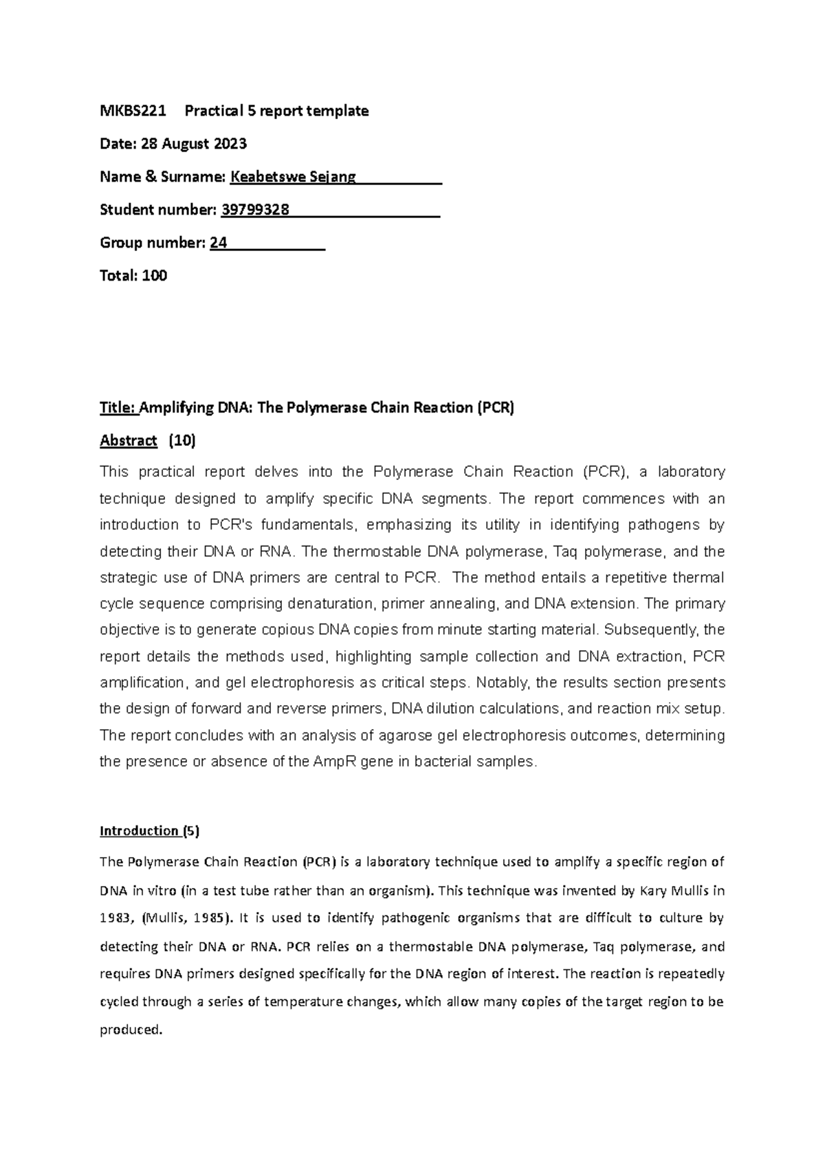 MKBS221. Practical 5: PCR DNA Amplification Report Template - Studocu