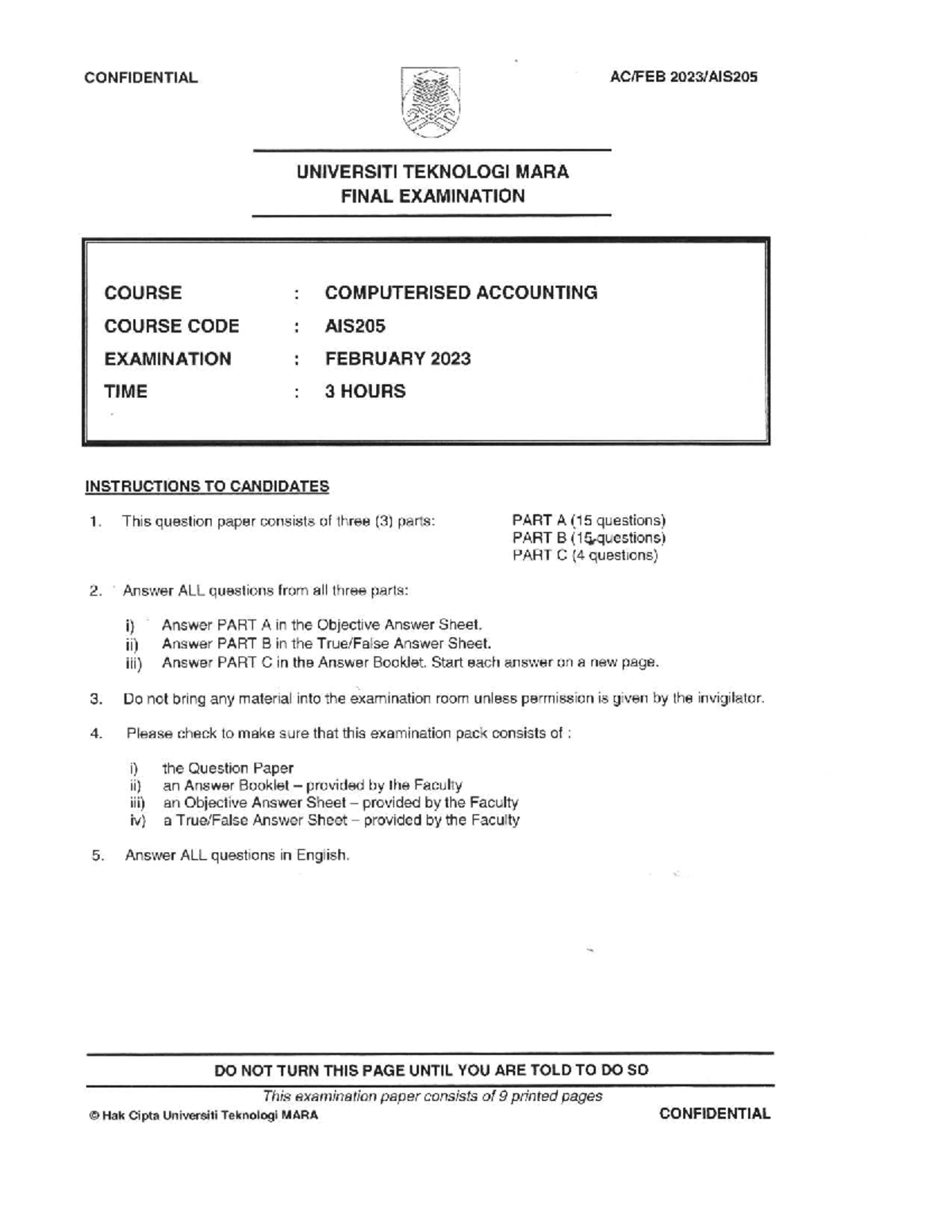 Final Exam AIS205: Computerised Accounting - February 2023 - Studocu