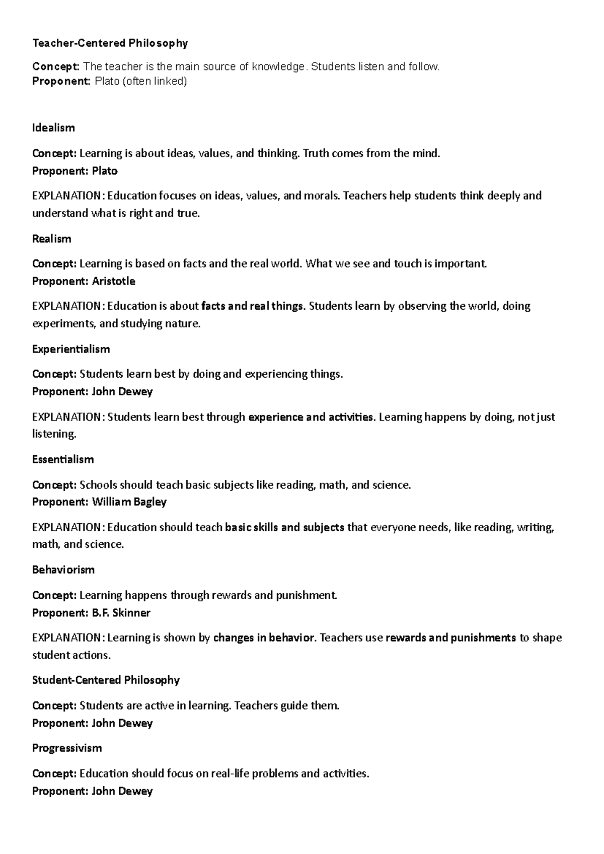 Philosophy of Education: Key Concepts and Proponents Explained - Studocu