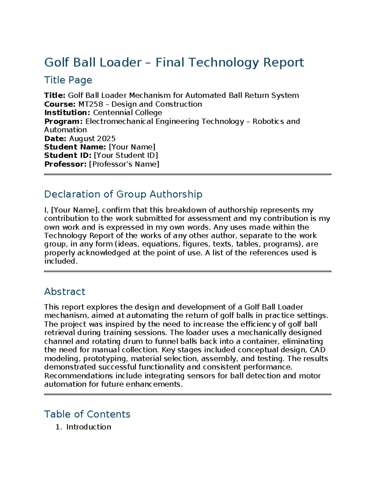 MT258 Golf Ball Loader Final Technology Report - Studocu