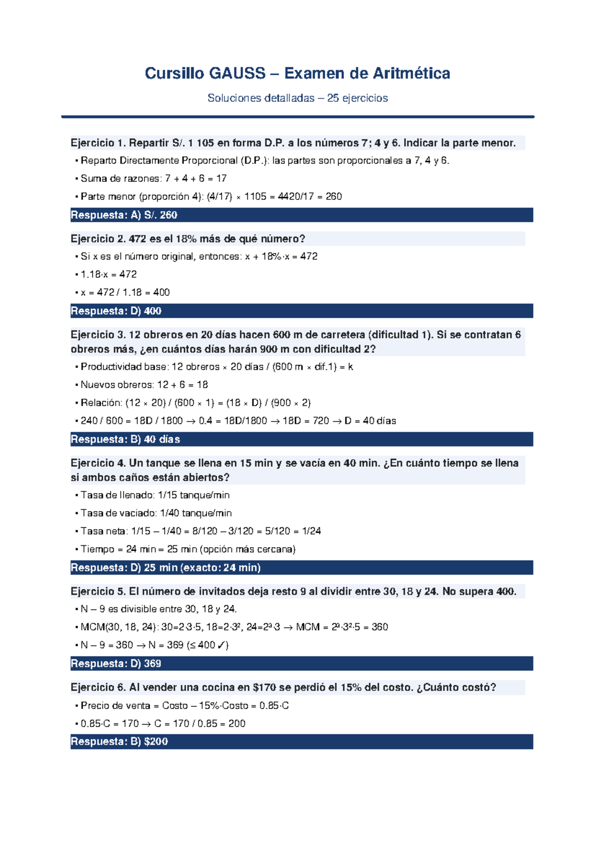 Soluciones Detalladas Examen GAUSS de Aritmética: 25 Ejercicios - Studocu