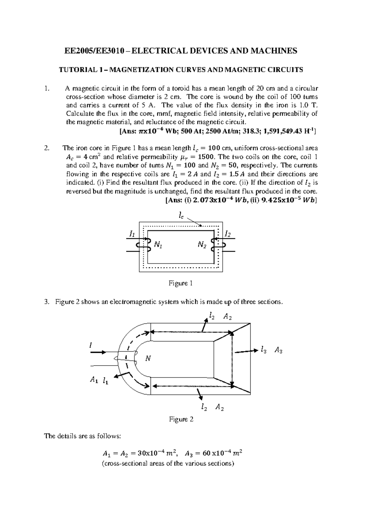 Tutorial 1 questions - EE2005/EE3010 – ELECTRICAL DEVICES AND MACHINES TUTORIAL 1 ...