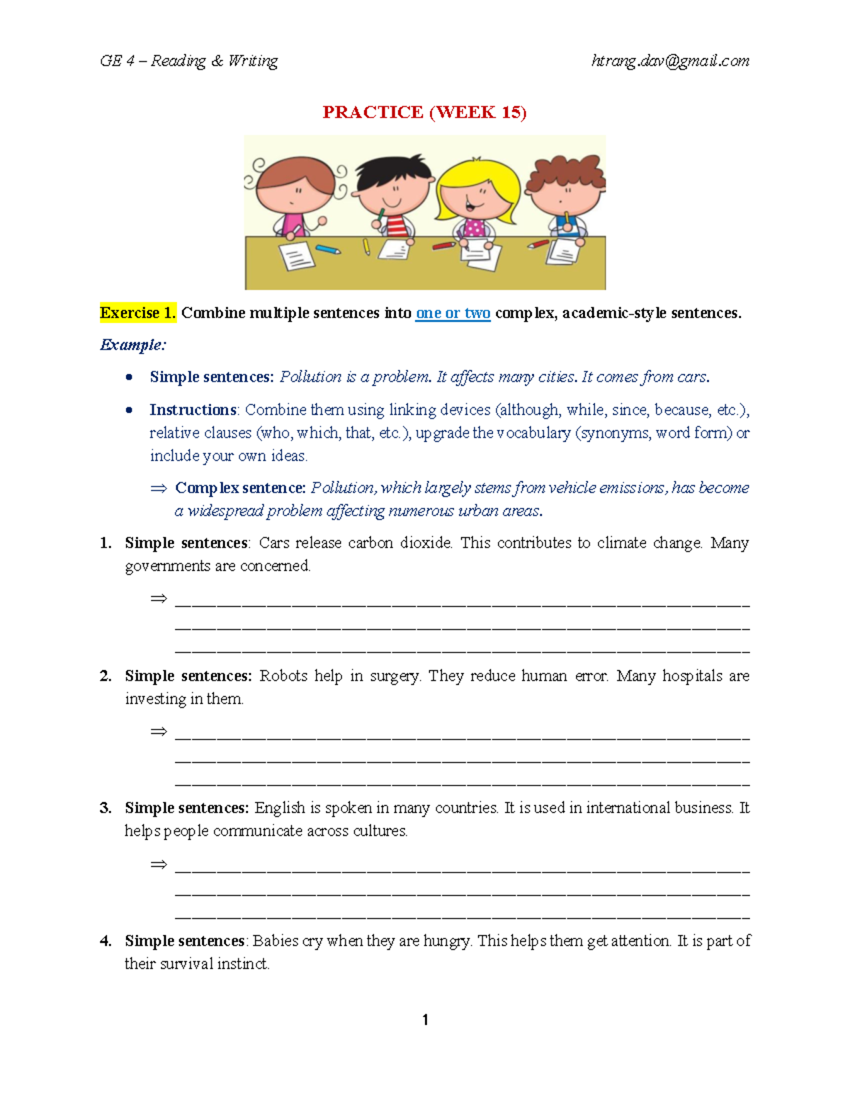 GE 4 Reading Writing Practice: Complex Sentence Formation (Week 15 ...